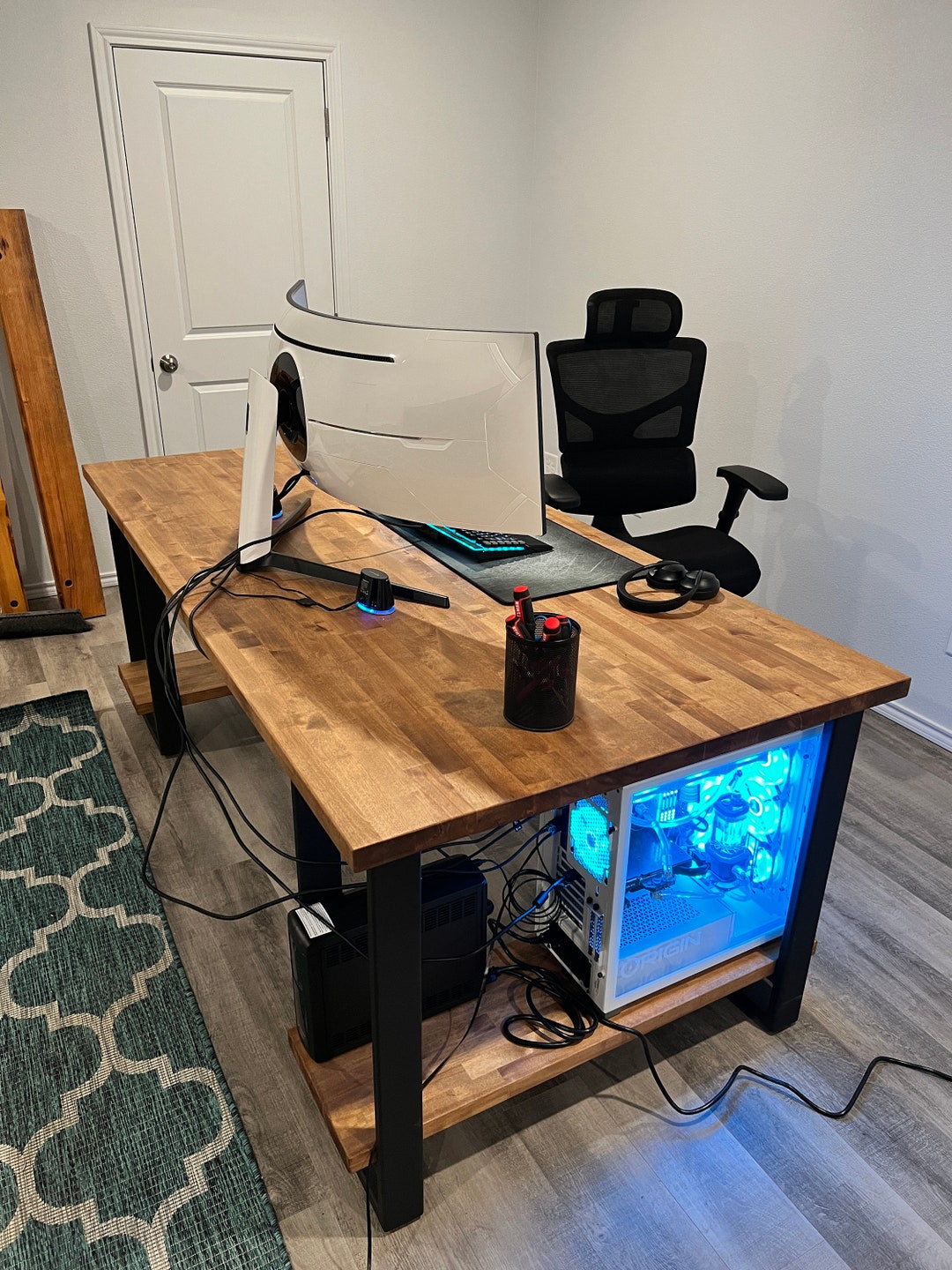 Solid Wood Gaming Desk - Custom Made With Monitor Shelves. Cord ...