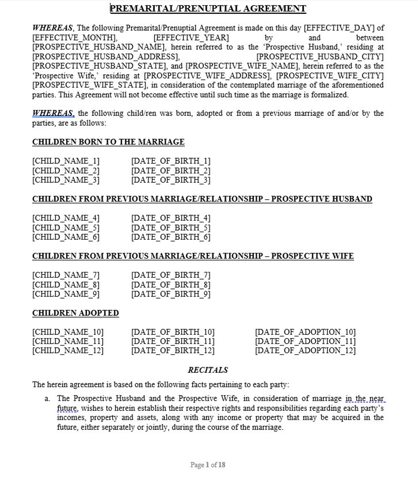 Prenuptial Agreement PRINTABLE File Detailed Pre-marital Prenup ...