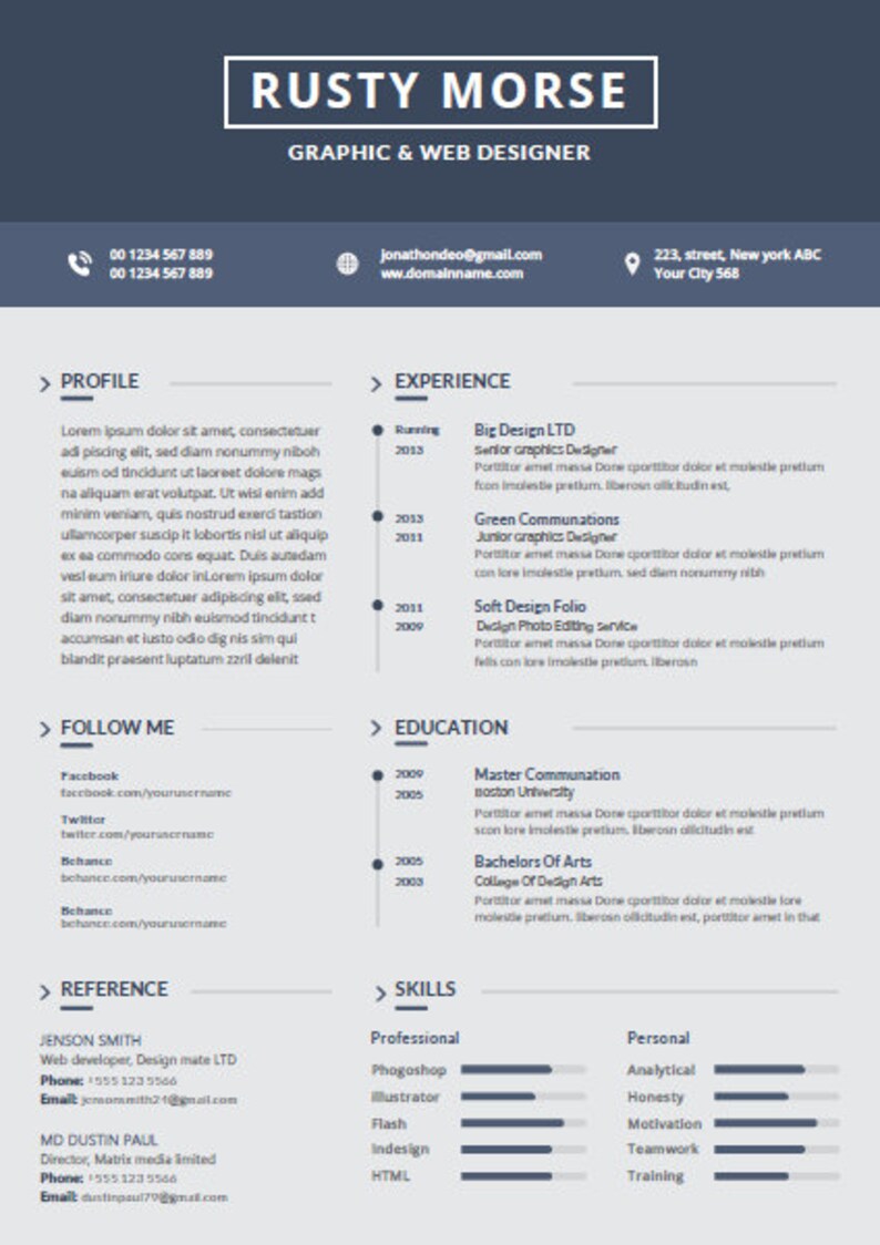 Modern Resume Template Resume Template, CV Template, Professional ...