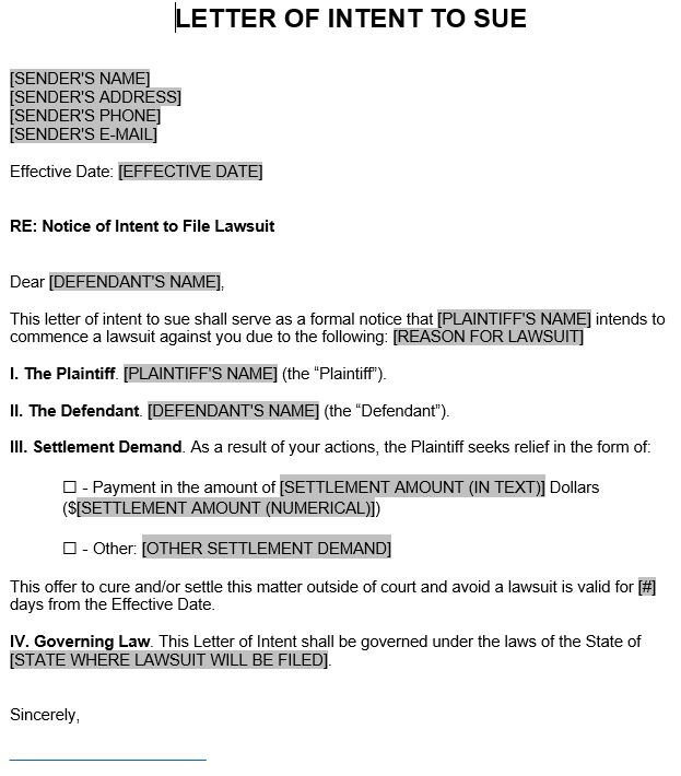 Letter Of Intent To Sue Editable Intent To Sue Letter Word Etsy