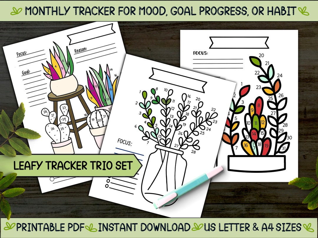 Monthly Mood, Goal, & Habit Tracker, Leafy Branches 3 Page Set, Instant ...