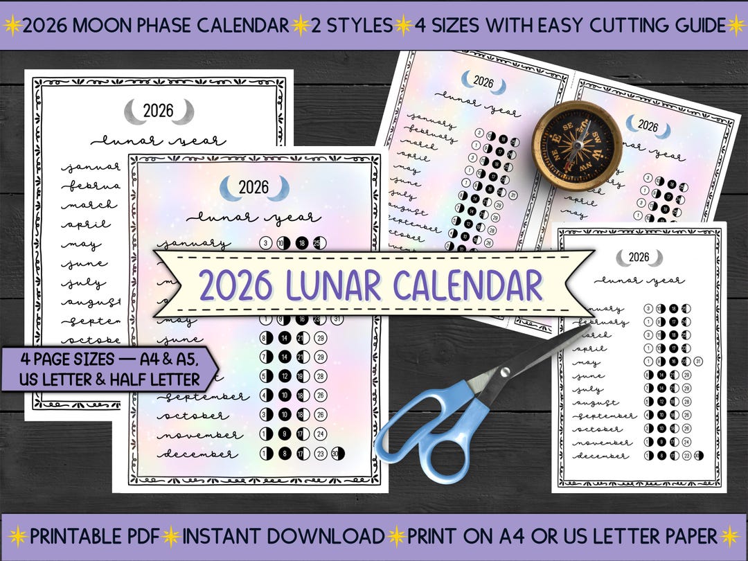 2026 Northern Lights Lunar Calendar, Moon Phases, Instant Download ...