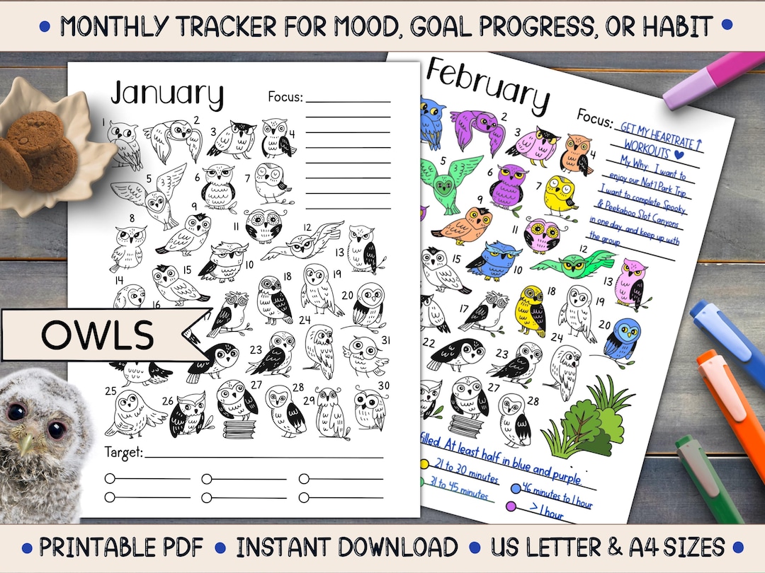 Monthly Mood, Goal, & Habit Tracker of Doodle Owls, Focus, Instant ...