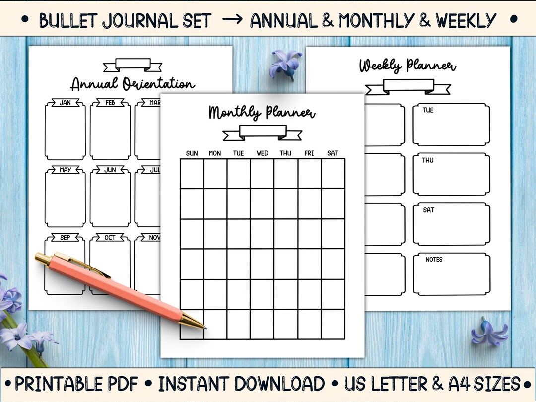 Minimalist 3-page Bullet Journal Set—annual, Monthly, and Weekly—letter ...