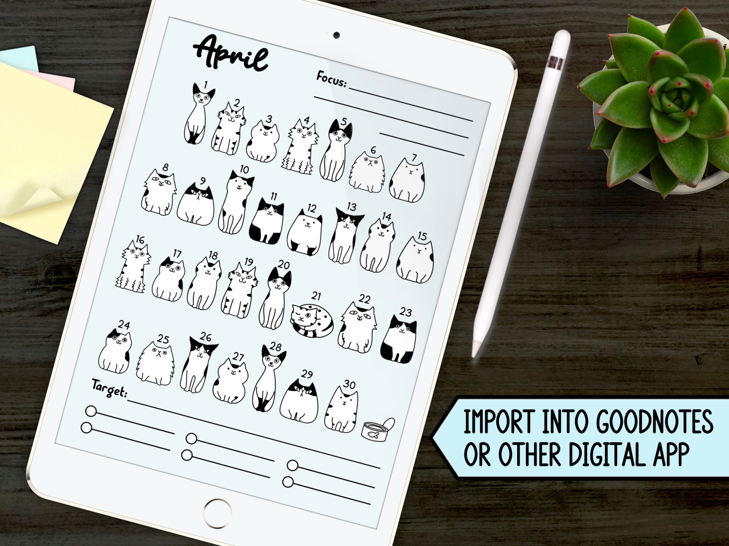 Monthly Mood, Goal, & Habit Tracker of Doodle Cats, Focus, Instant ...