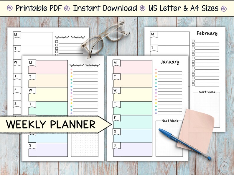 Rainbow Weekly Planner, Printable PDF, Letter Size 8.5x11", Digital ...