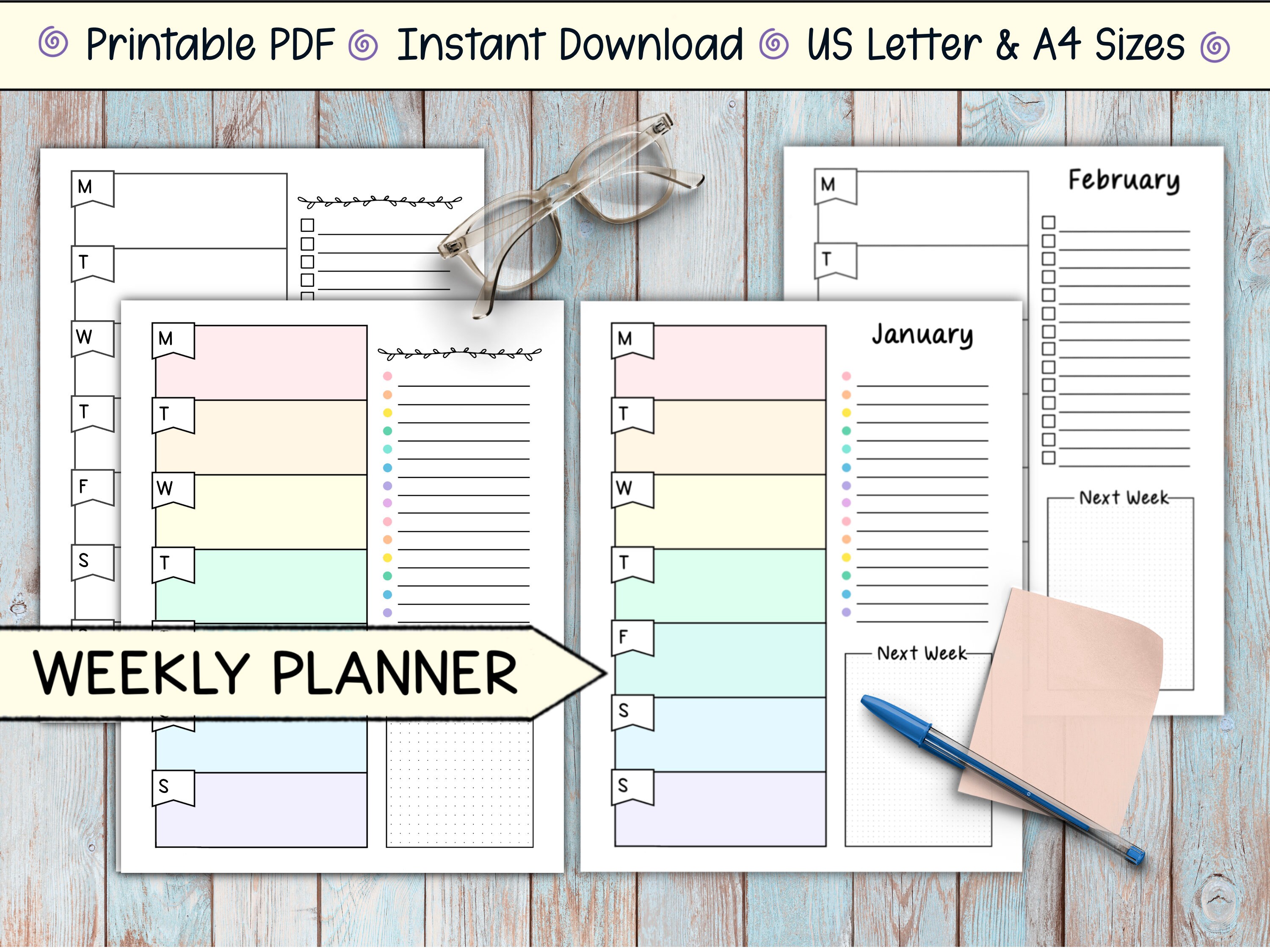 Rainbow Weekly Planner, Printable PDF, Letter Size 8.5x11", Digital ...