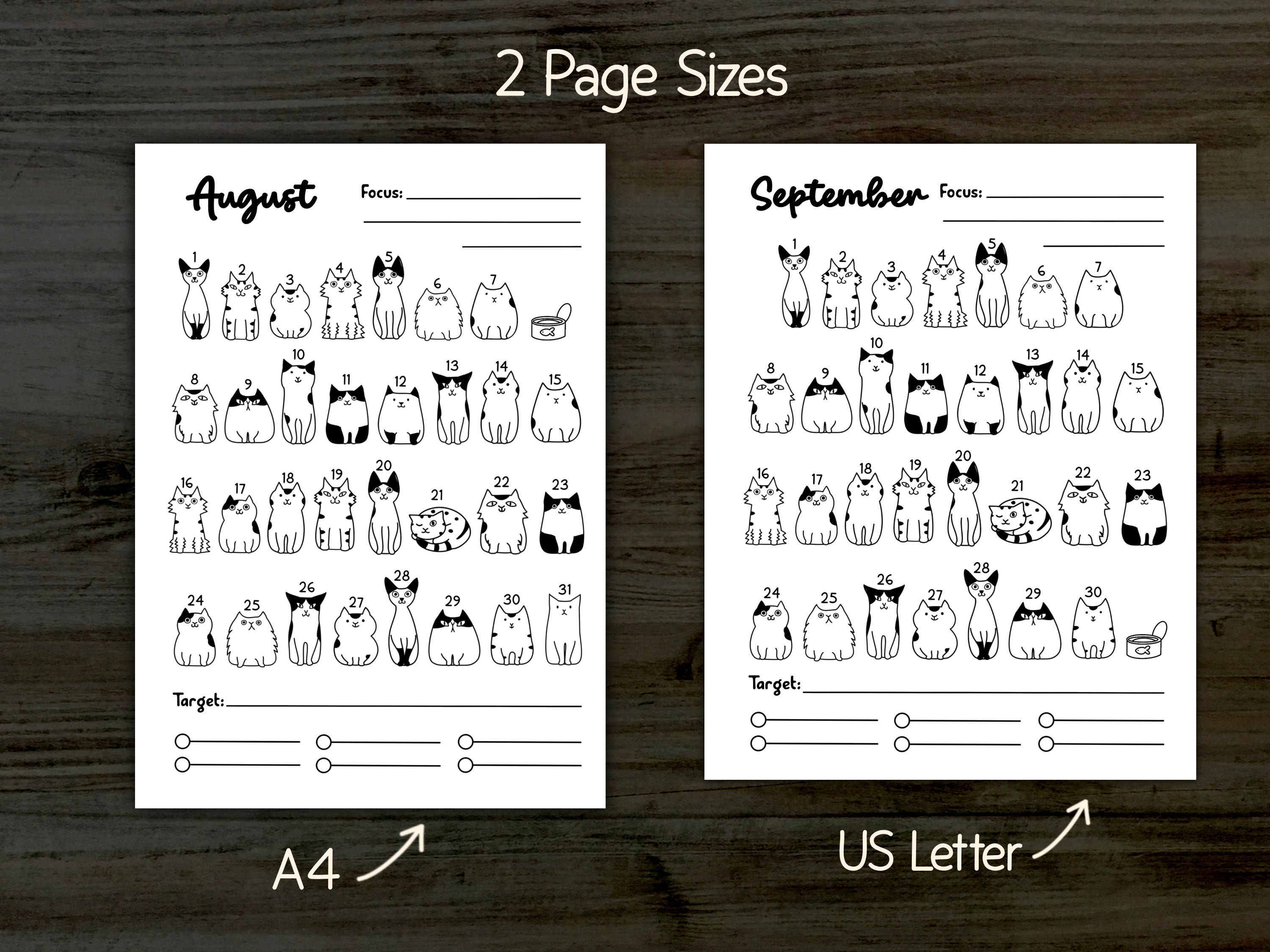 Monthly Mood, Goal, & Habit Tracker of Doodle Cats, Focus, Instant ...