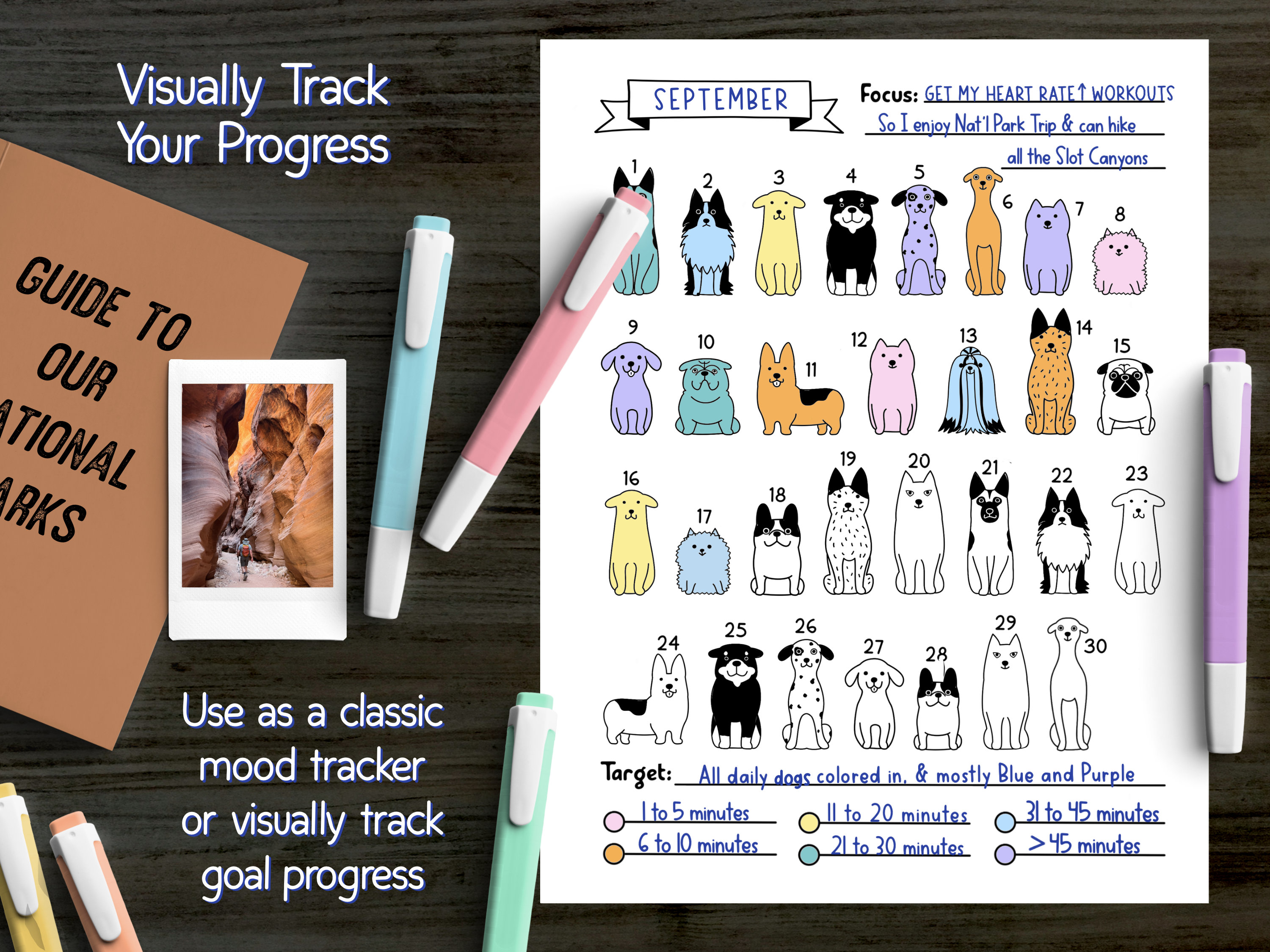 Monthly Mood, Goal, & Habit Tracker of Doodle Dogs, Focus, Instant ...