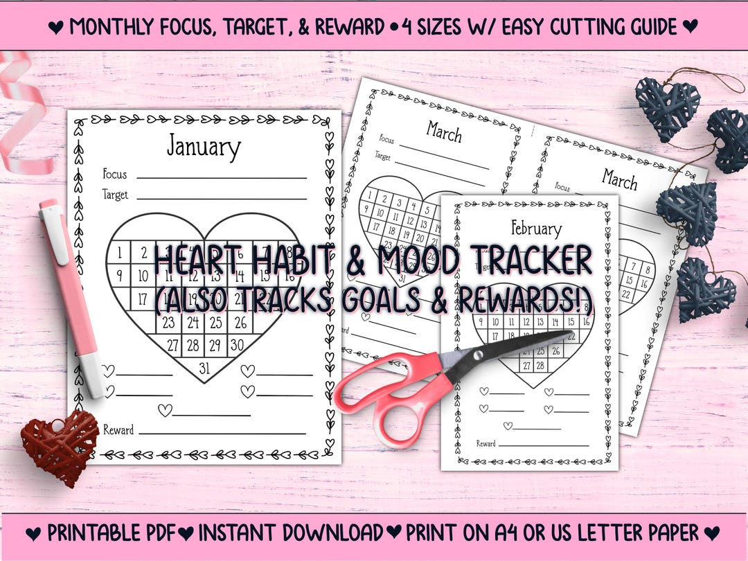 Heart Habit & Mood Tracker Printable: Monthly Goal Setting (digital PDF ...