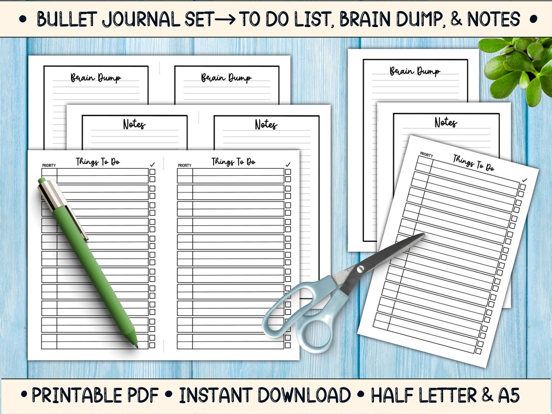 Minimalist to Do List, Brain Dump, and Notes 3-page Bullet Journal Set ...