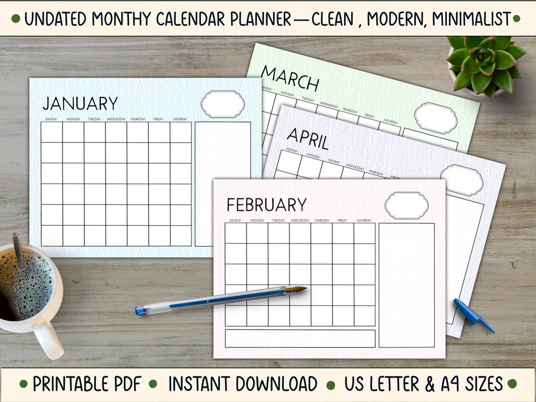 Undated Monthly Calendar Planner, Minimalist, Textured Background ...