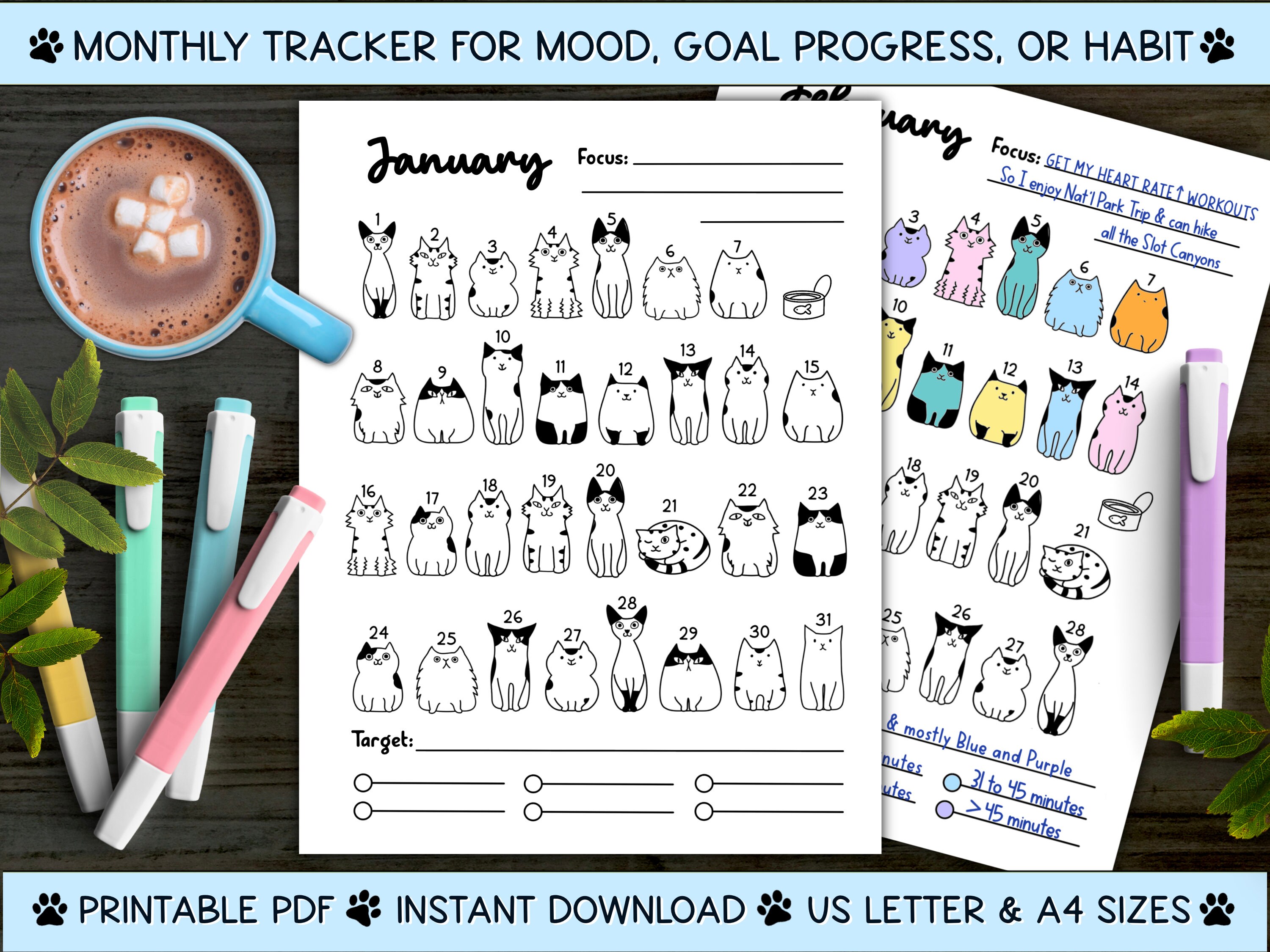 Monthly Mood, Goal, & Habit Tracker of Doodle Cats, Focus, Instant ...