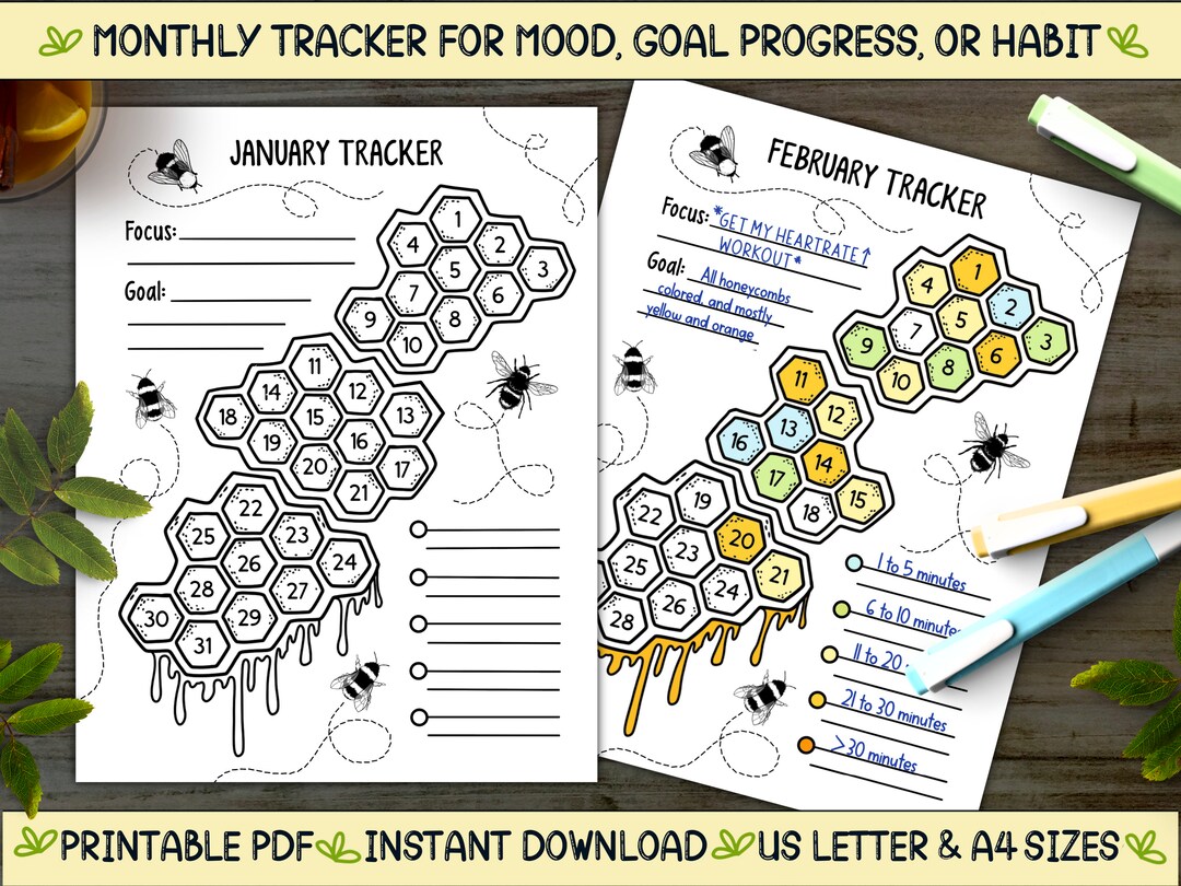 Monthly Mood, Goal, & Habit Tracker, Honey Bees, Instant Download PDF ...