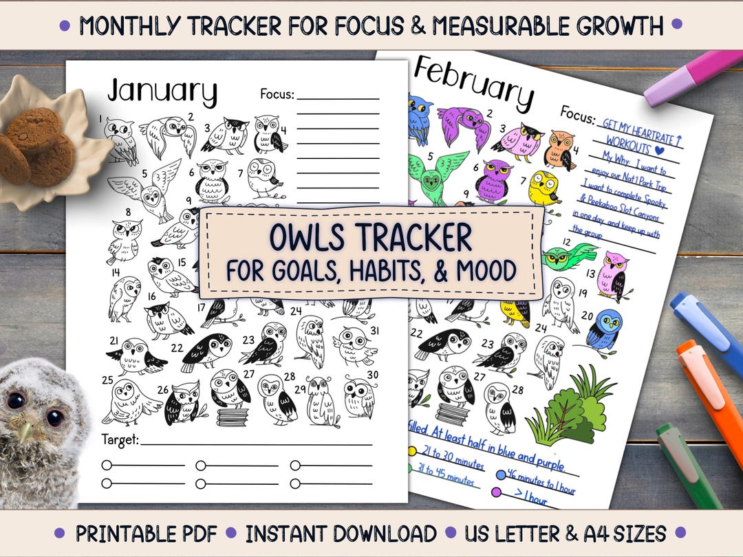 Doodle Owl Monthly Tracker: Mood, Goal, Habit (printable PDF) - Etsy