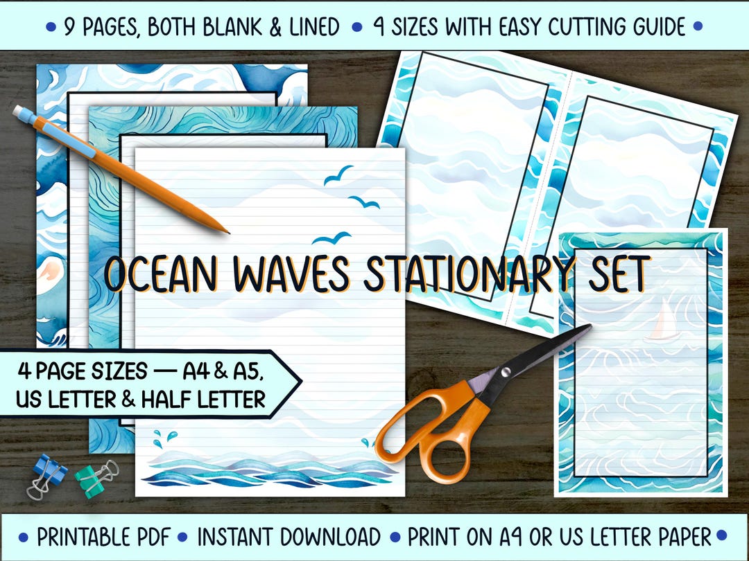 Tranquil Ocean Waves Stationary Set, Journal Notes Bundle, Lined ...