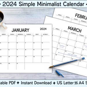 2024 Monthly Calendar, Minimalist Planner, Printable PDF US Letter & A4 ...