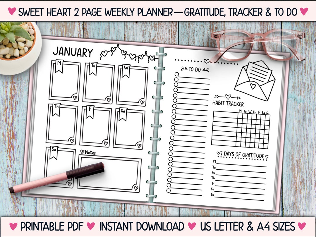 Sweet Heart Weekly Planner, Days of Gratitude, to Do, Habit Tracker ...