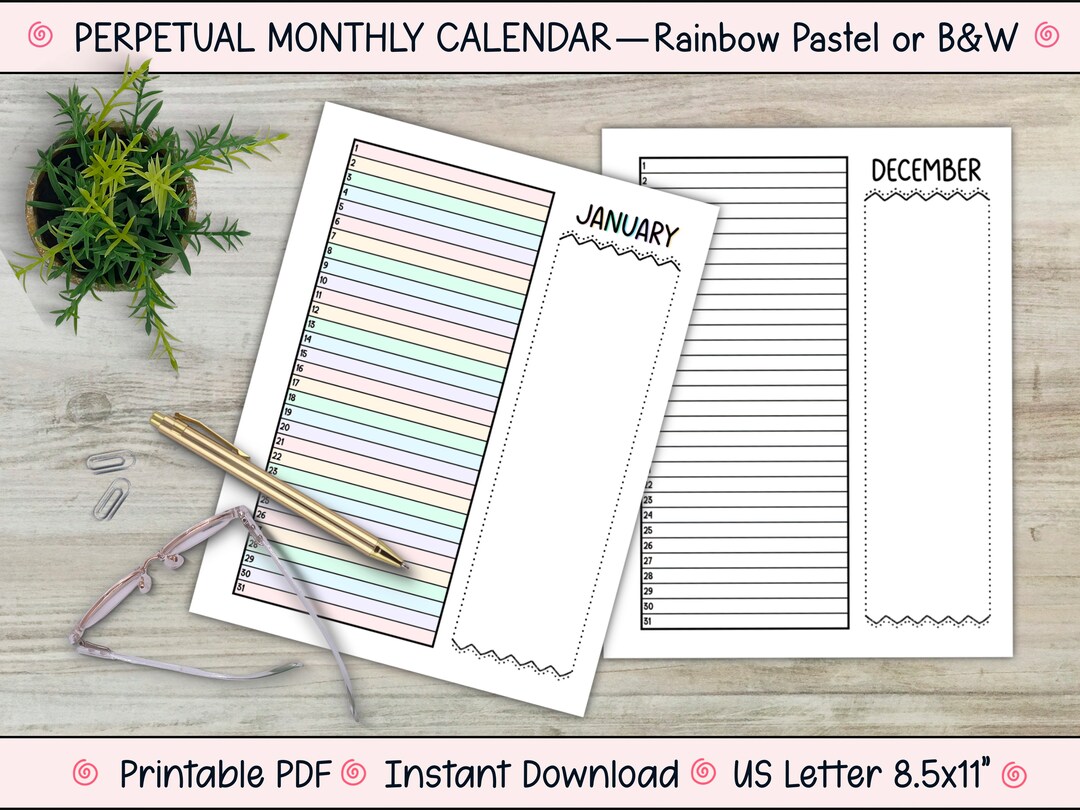 Rainbow Perpetual Monthly Calendar Planner 1 Line per Day - Etsy
