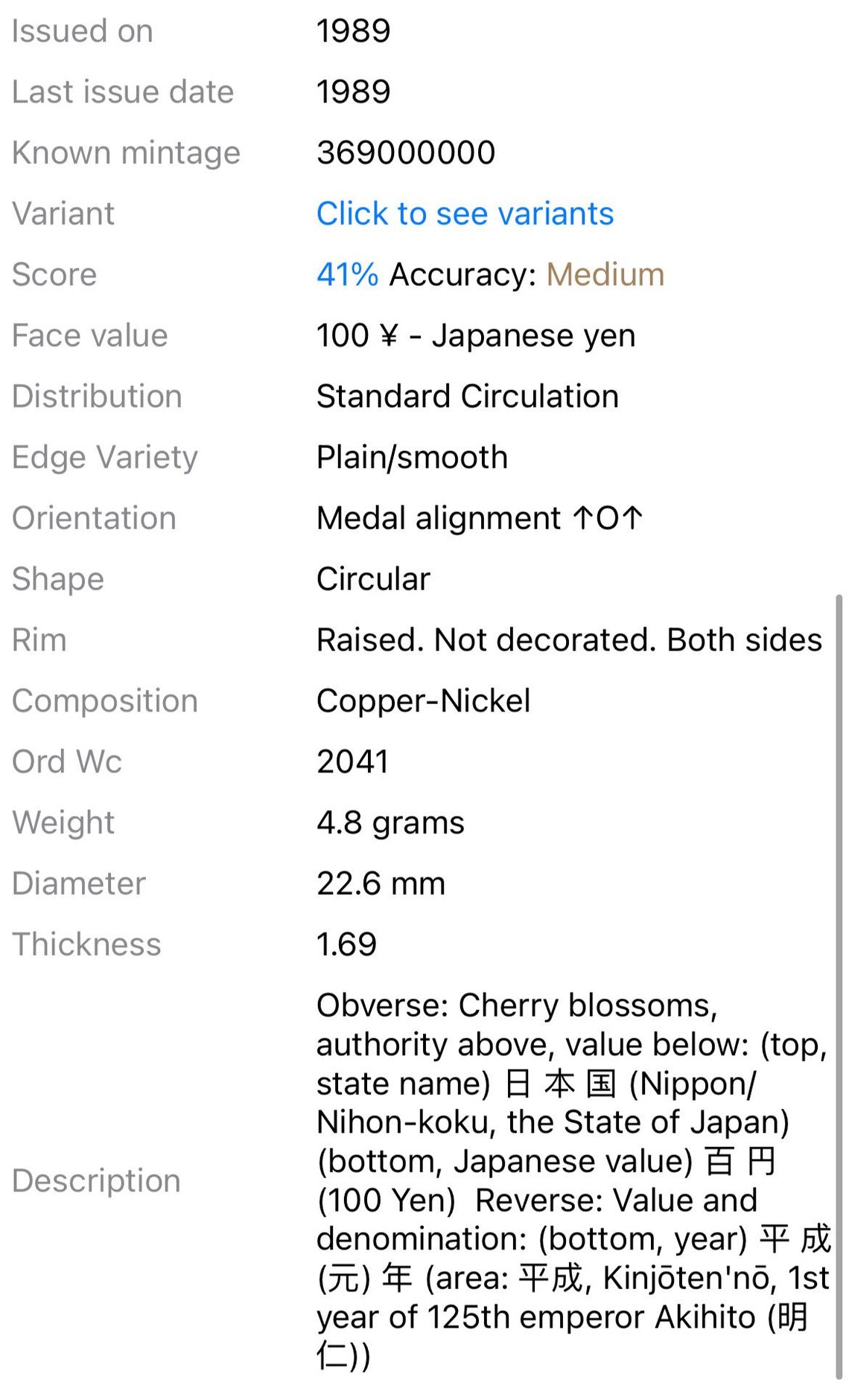 SINGLE YEAR (1989) Issue JAPANESE 100 Yen Vintage Coin Featuring Cherry ...