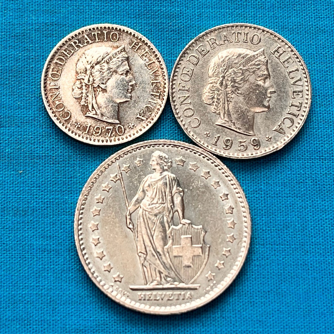 SWITZERLAND Vintage Coin Trio—5/10 Rappen and 1 SWISS Frank—high Grade ...