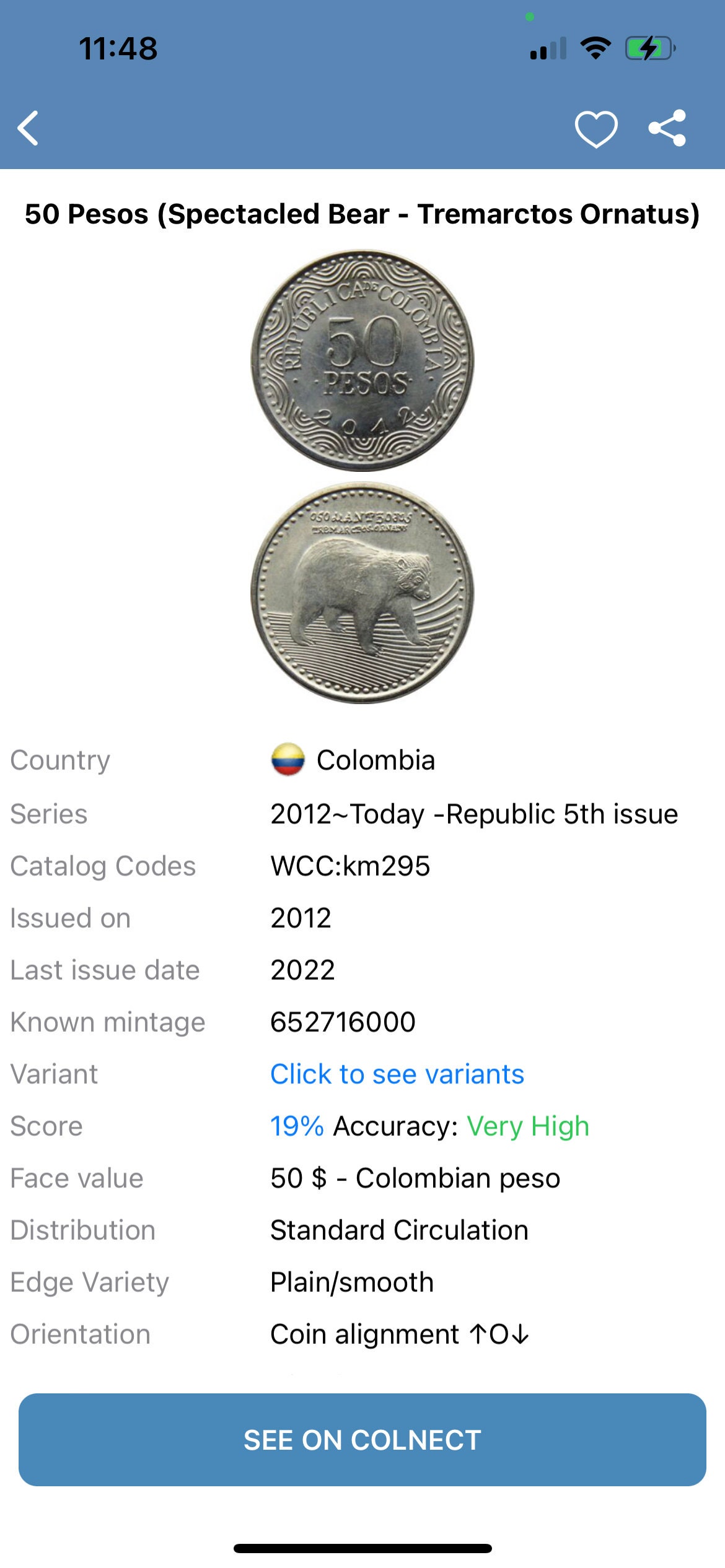 COLOMBIAN 50 Peso Spectacled BEAR Small Coins (10)—high Grade/shipping ...