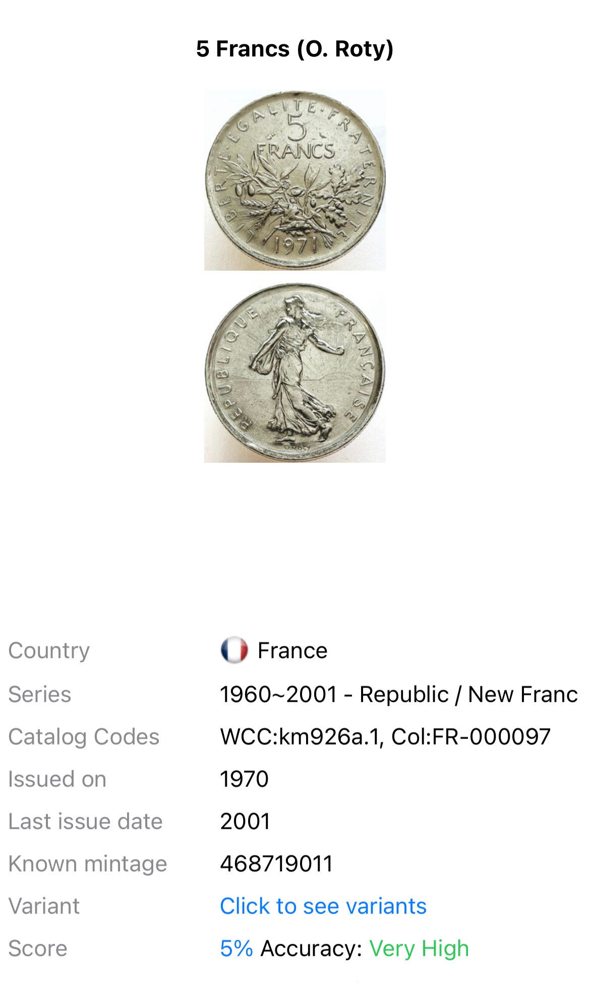 FRENCH Republic 5 New Franc 7 Coin Set Featuring Seed-sowing Lady ...