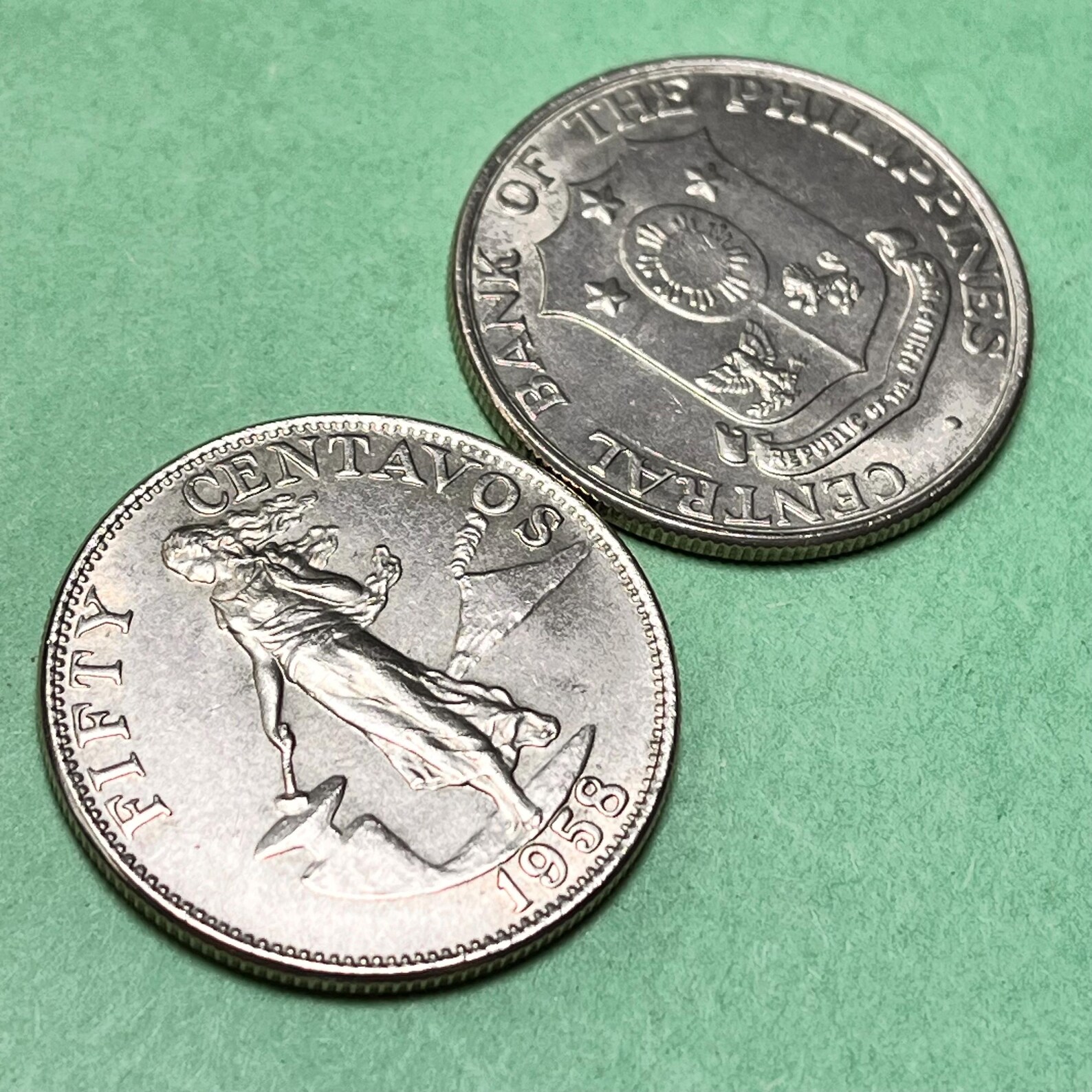 One FIRST Year (1958) Issue Large PHILIPPINES 50 Centavos Coin ...