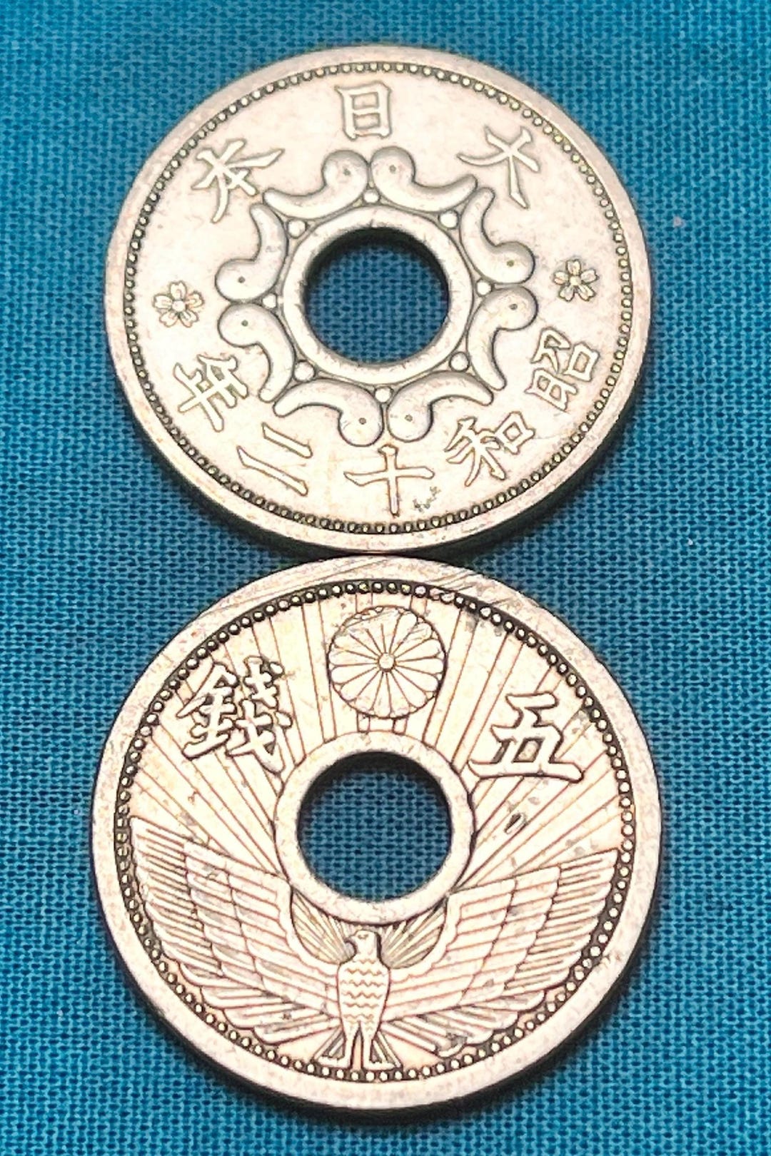 One Pre-wwii (1930s) Japanese Holed 5 Sen Coin Featuring Imperial EAGLE ...