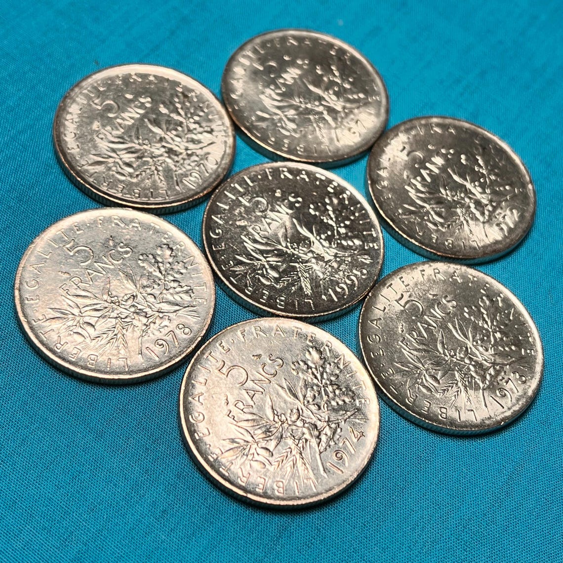 FRENCH Republic 5 New Franc 7 Coin Set Featuring Seed-sowing Lady ...