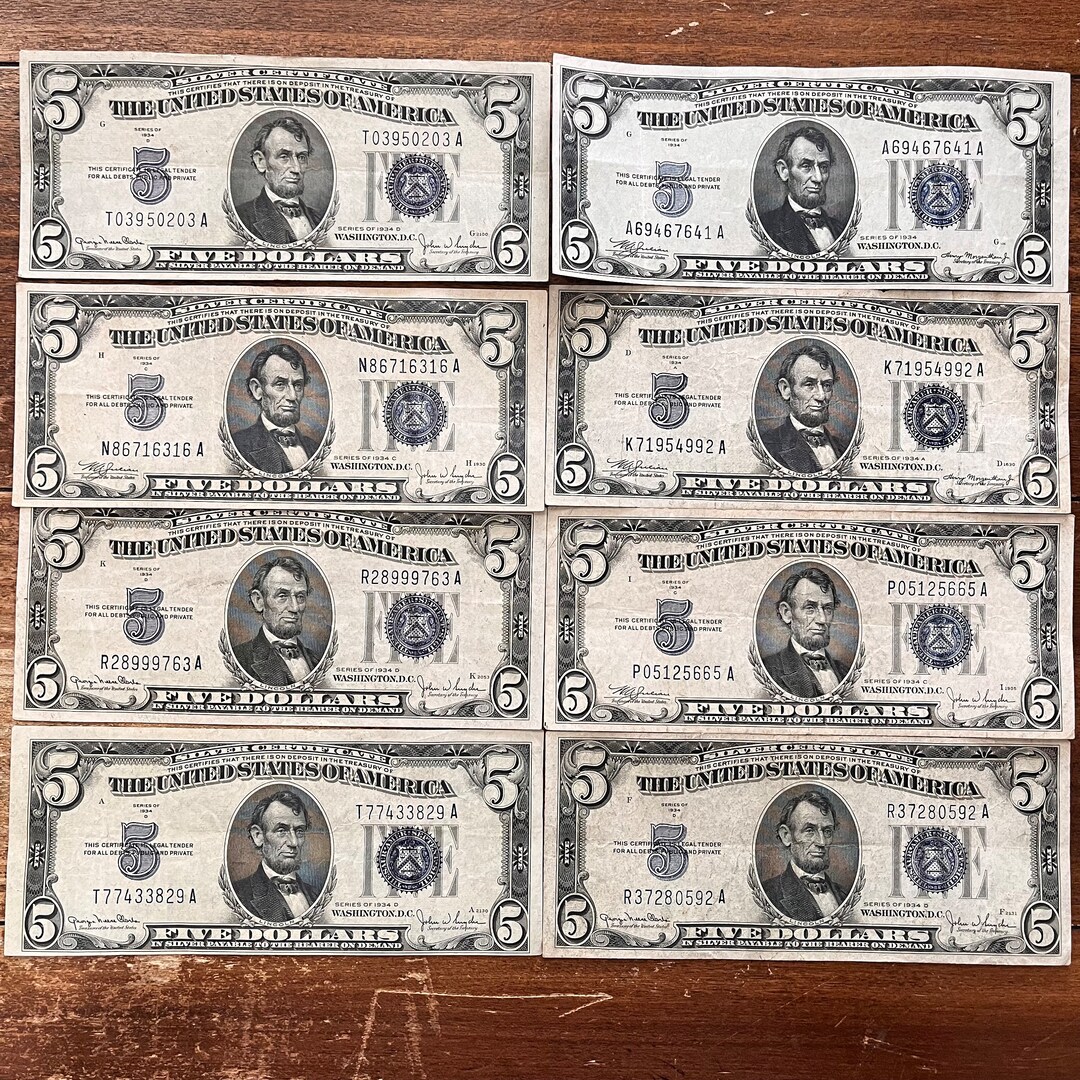 One RARE 1934 Blue Seal Five Dollar Banknote in Protective Holder W ...