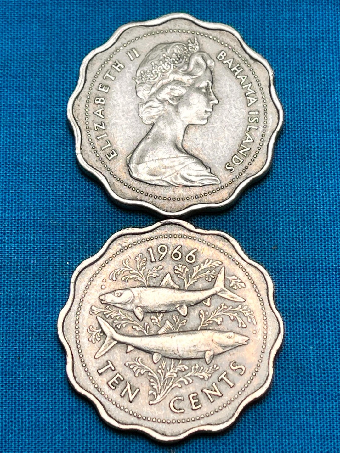 FIRST YEAR (1966) Bahama Islands Scalloped 10 Cent Fish Coin Featuring ...
