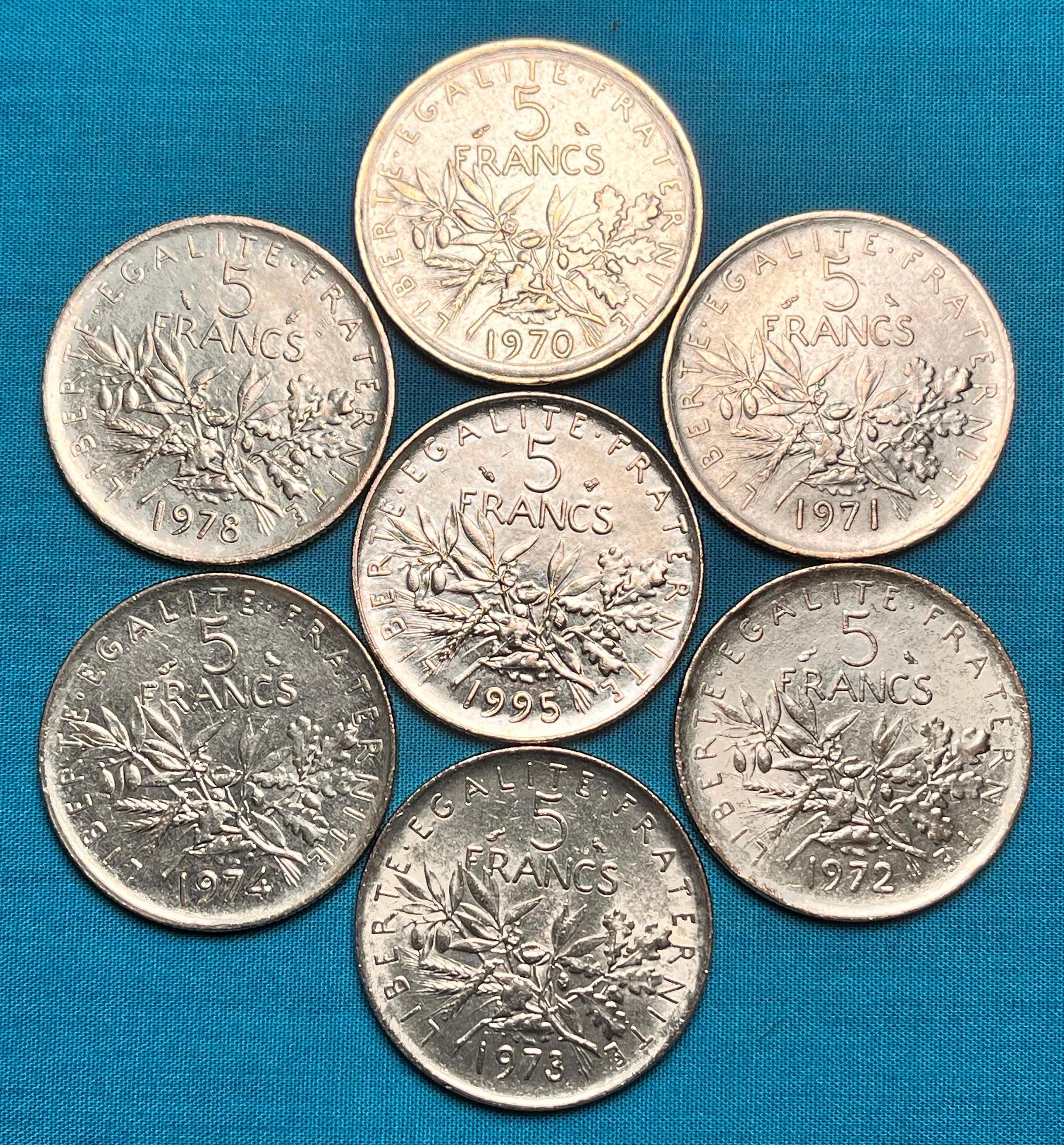 FRENCH Republic 5 New Franc 7 Coin Set Featuring Seed-sowing Lady ...