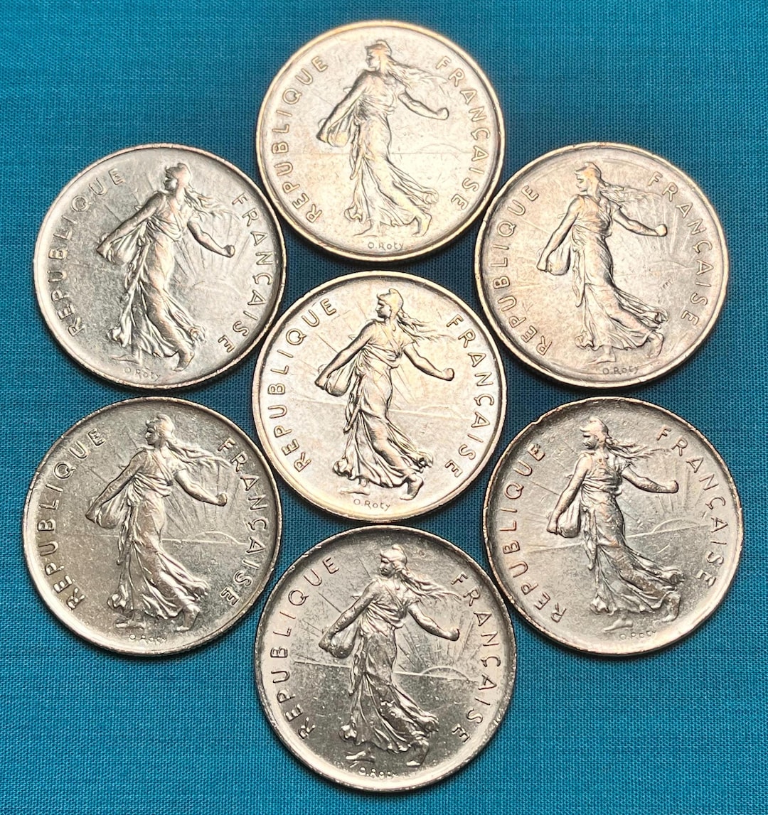 FRENCH Republic 5 New Franc 7 Coin Set Featuring Seed-sowing Lady ...