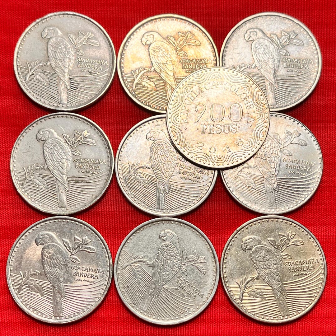COLOMBIAN Peso Coins (10) Featuring Scarlet Macaw/parrot—limited Supply ...