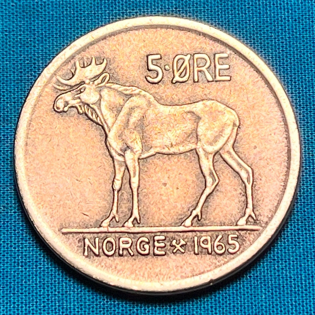 1965 Norwegian 5 Øre Coin Featuring King Olaf V/moose (high Grade ...