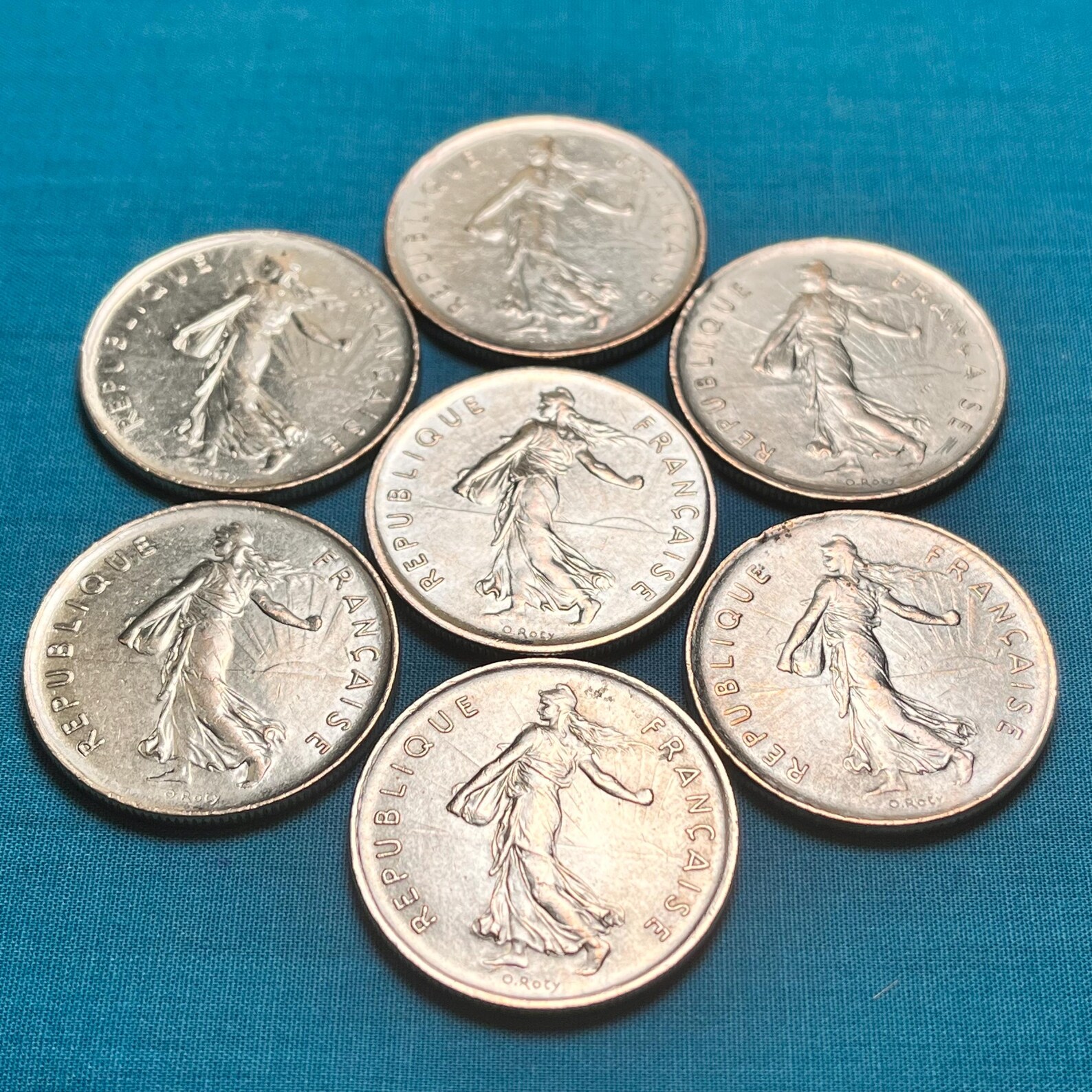 FRENCH Republic 5 New Franc 7 Coin Set Featuring Seed-sowing Lady ...
