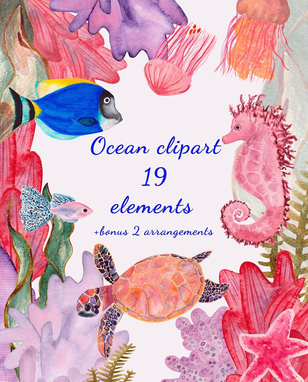 Watercolor Sea Clipart, Nautical Clip Art, Ocean, Fish, Jellyfish ...