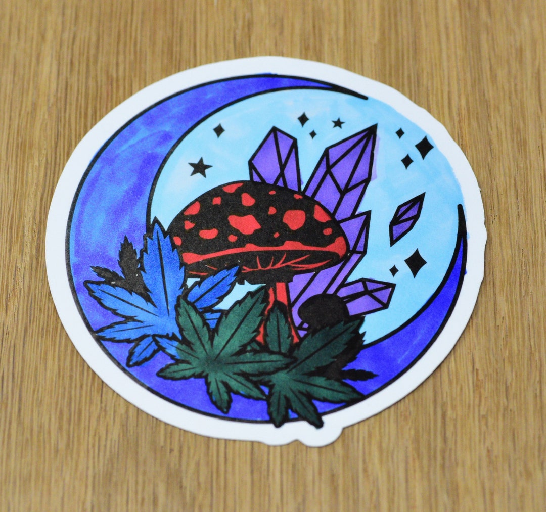 Crescent Moon Mushroom Weed Crystals Vinyl Sticker, Fungi Sticker ...