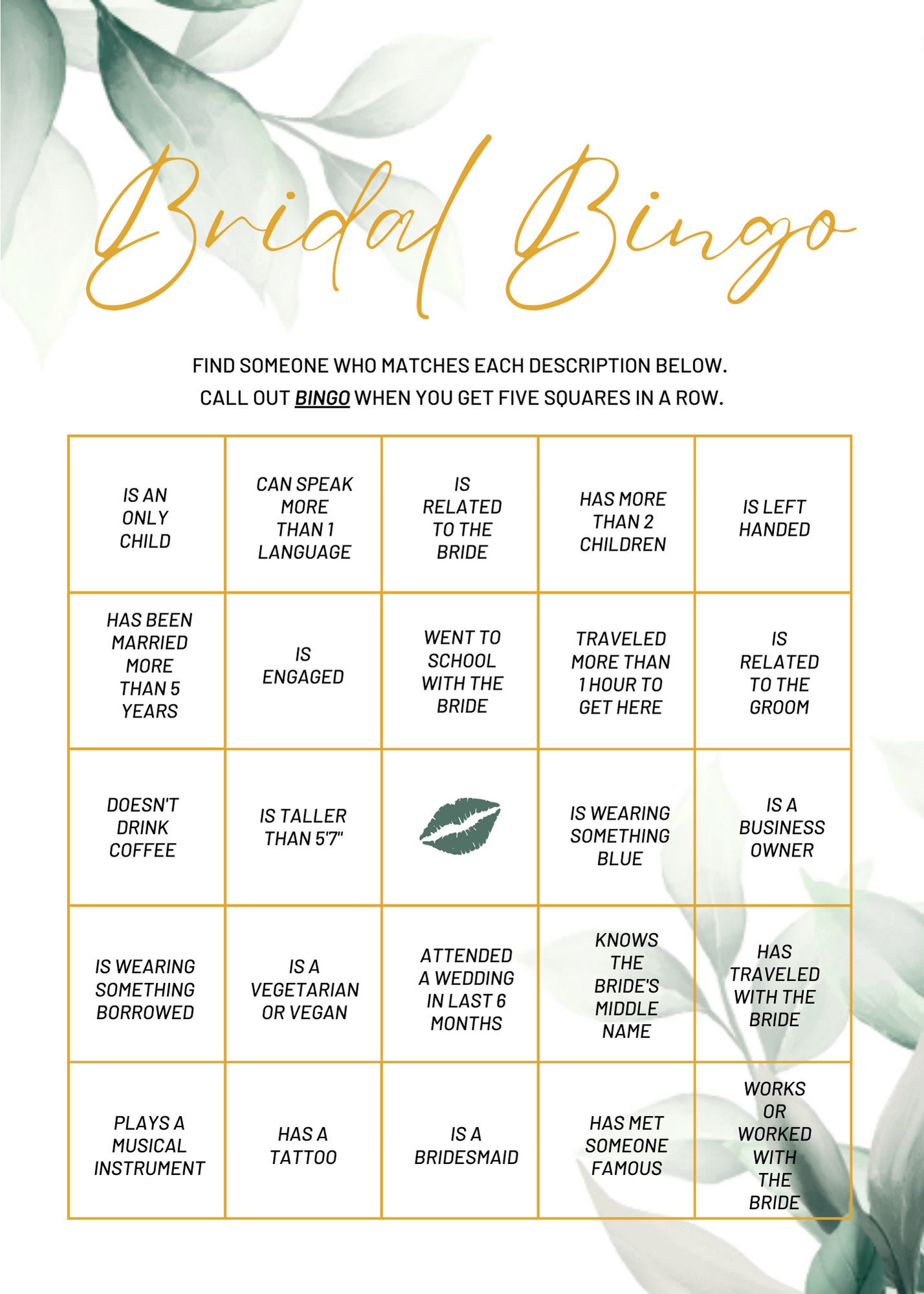 Eucalyptus Bridal Bingo Sign | Printable Shower Game (digital Download ...