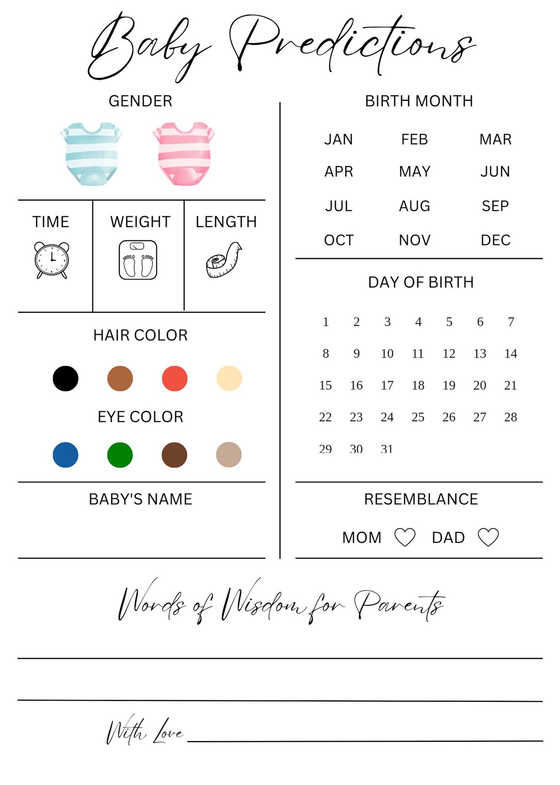 Baby Predictions Card Baby Guesses Card Baby Shower Game Gender Reveal ...