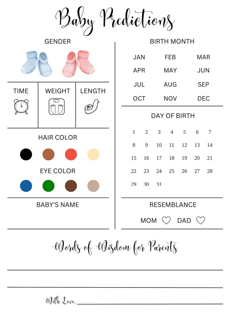 Baby Predictions Card | Baby Guesses Card | Baby Shower Game | Gender ...