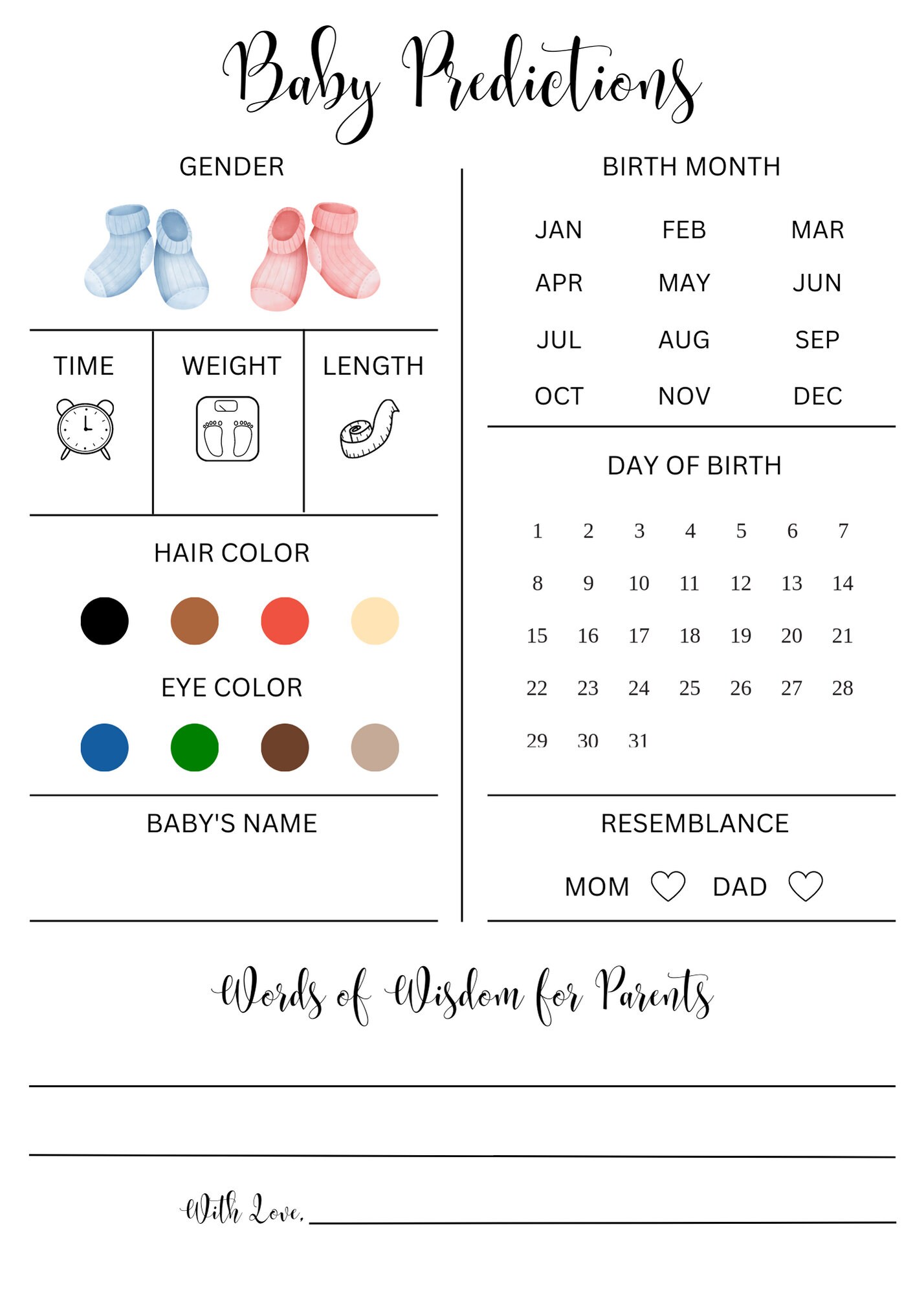 Baby Predictions Card | Baby Guesses Card | Baby Shower Game | Gender ...