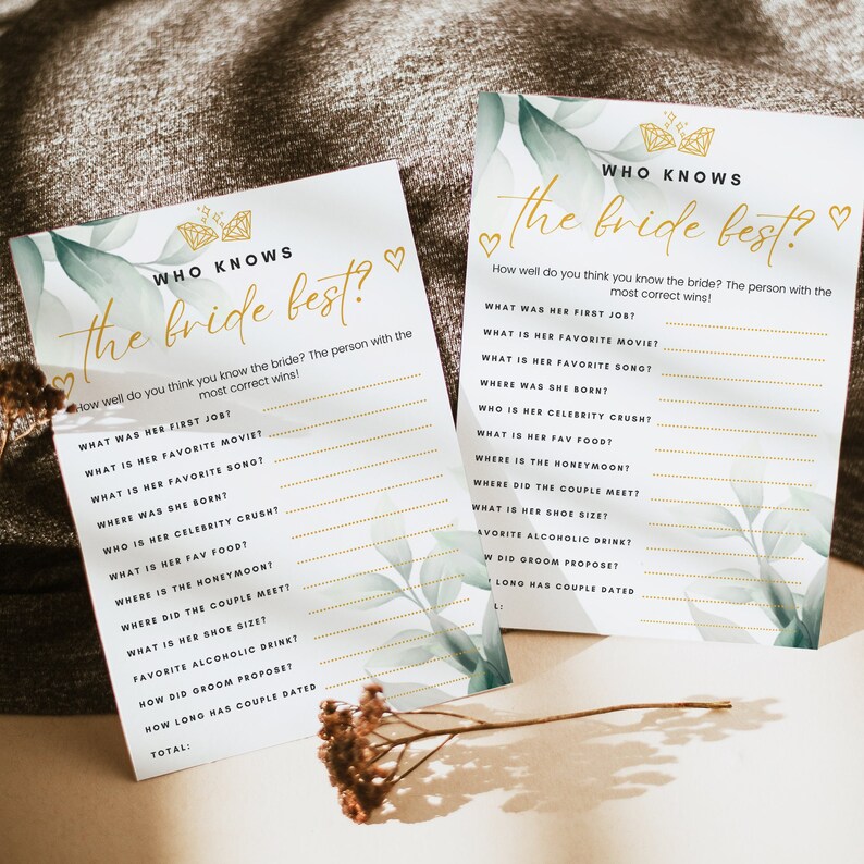 Eucalyptus Bridal Shower Game | Who Knows Bride Best (instant Download ...