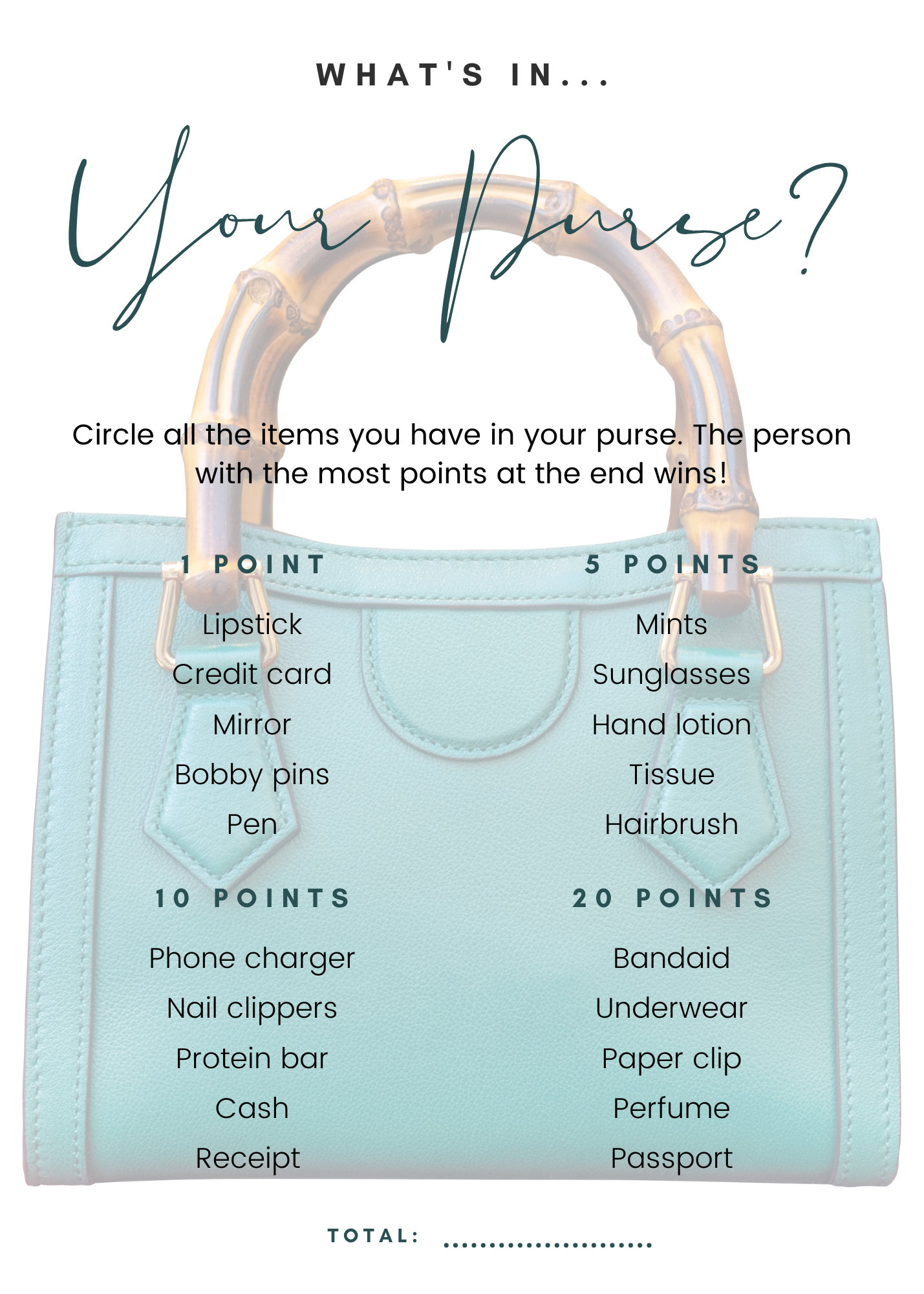 Purse Bridal Shower Game | What's in Your Purse | Bridal Shower Game ...