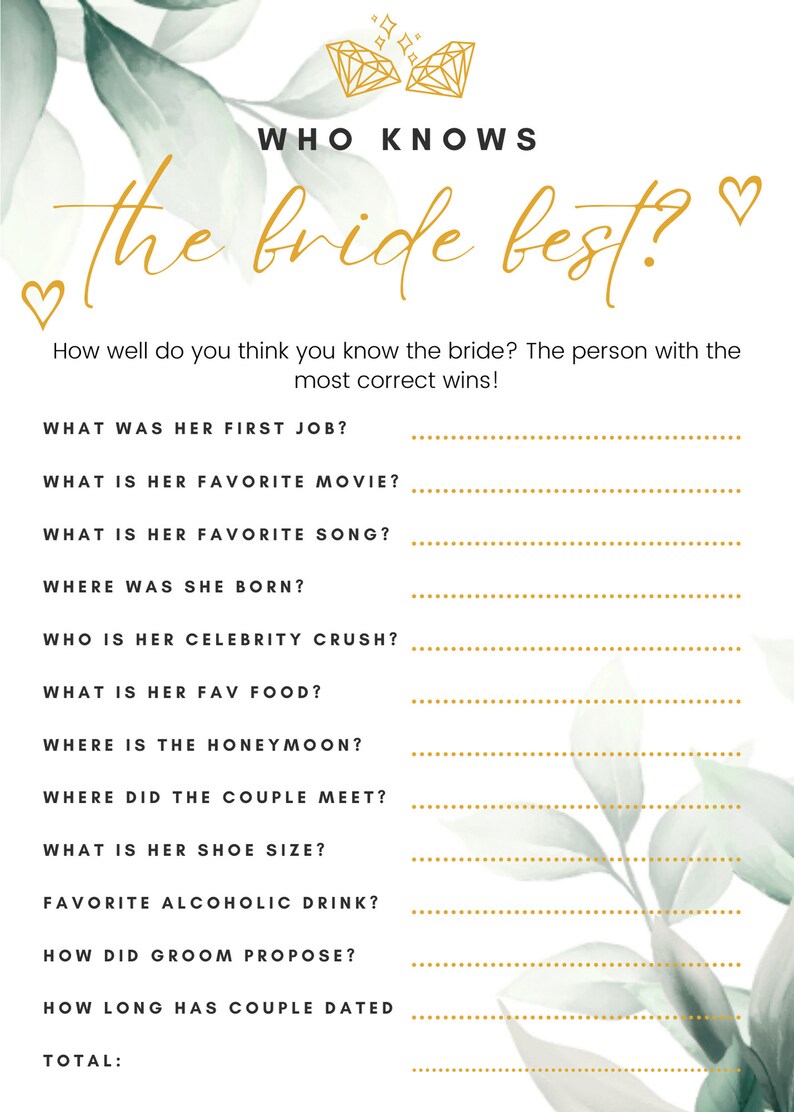 Eucalyptus Bridal Shower Game | Who Knows Bride Best (instant Download ...