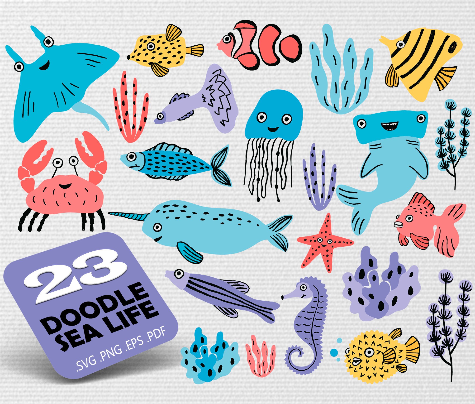 Doodle Sea Life Svg,sea Creature Svg,sea Animal Bundle,sea Animal Svg ...