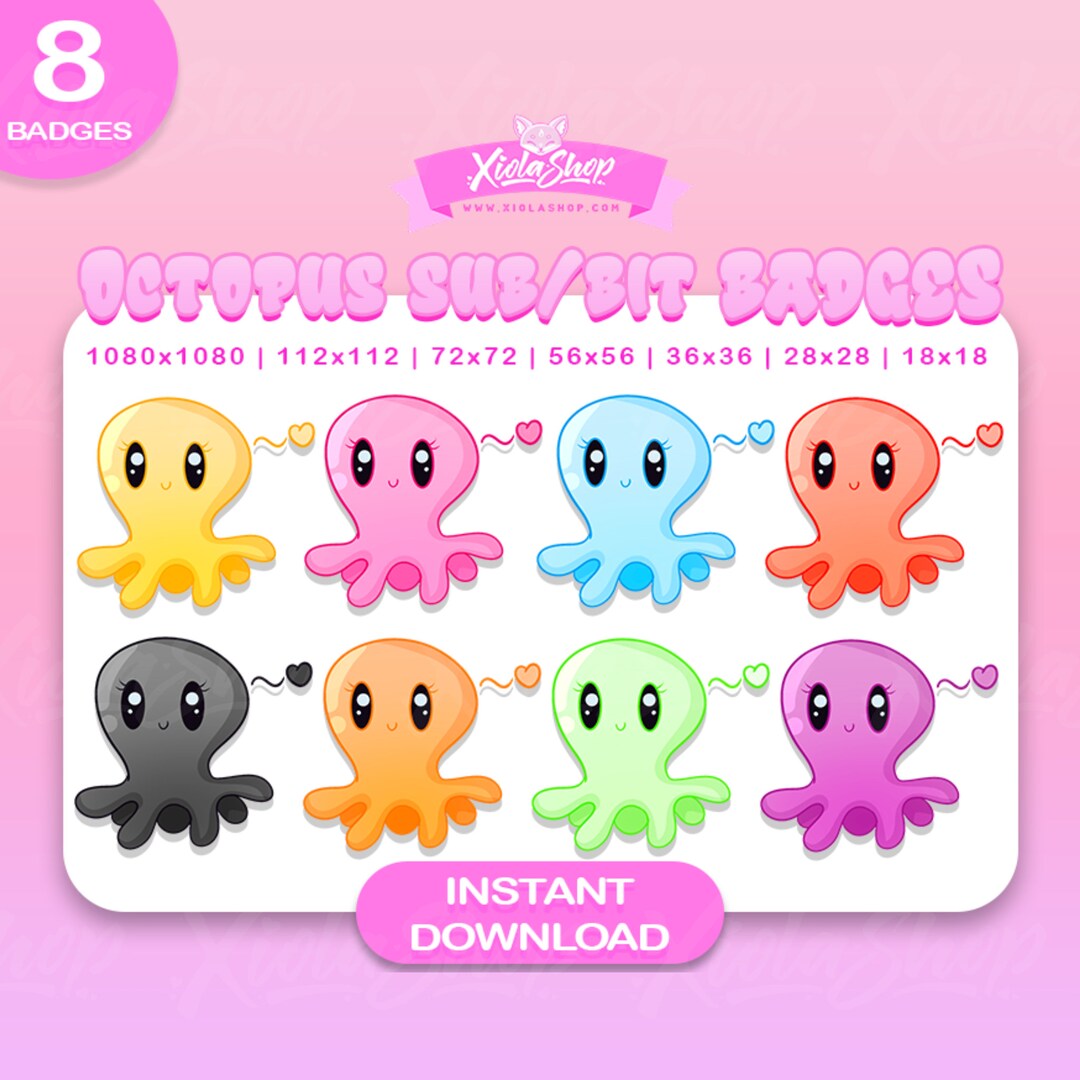 8 Cute Kawaii Octopus Subscriber & Bit Badges Instant Digital Download ...
