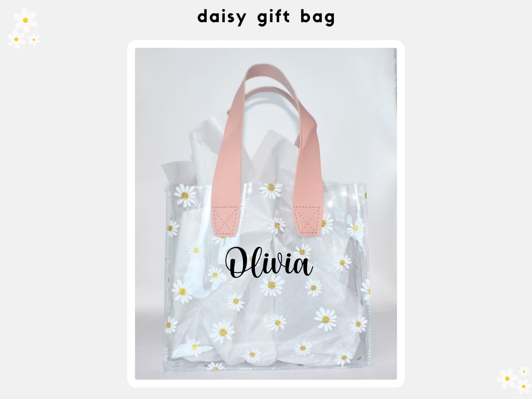 Flower, Daisy Gift Bag With Pink Handles, Transparent Gift Bag ...