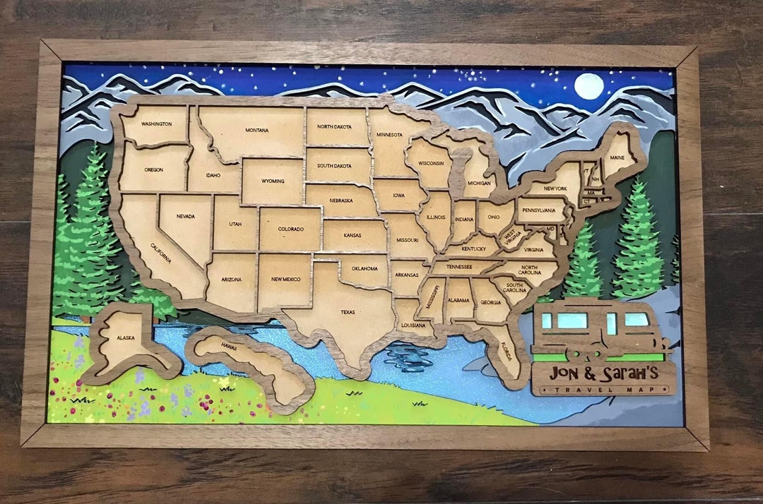 Personalized USA Travel Map Hand Painted With Walnut - Etsy